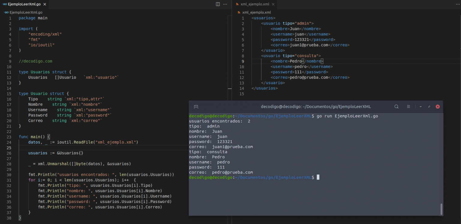Leer un archivo XML en Golang - decodigo.com Código de ejemplo